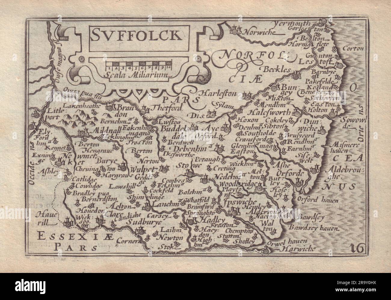 Suffolck by van den Keere. "Speed miniature" Suffolk county map 1632 ...