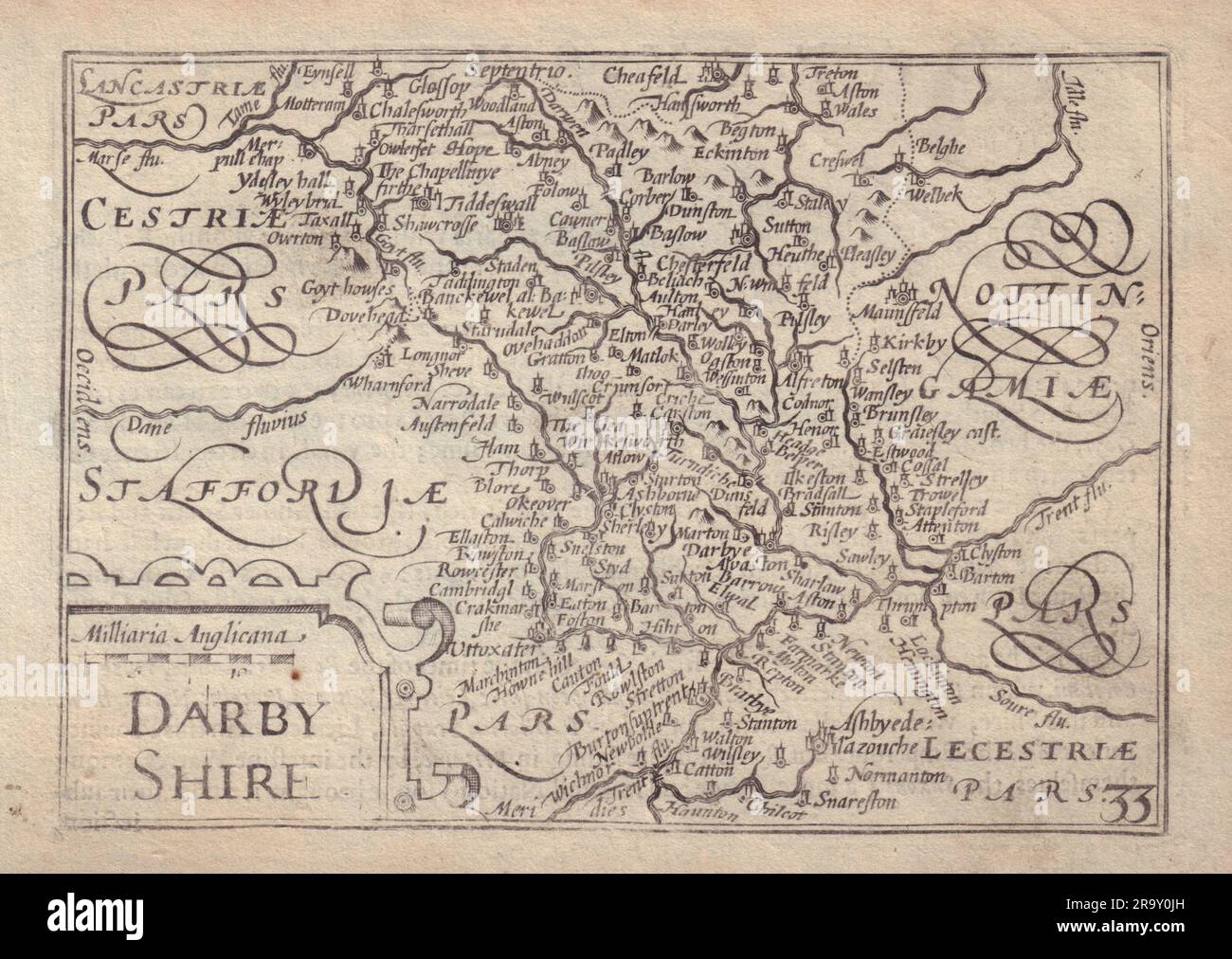 Darby Shire by van den Keere. "Speed miniature" Derbyshire county map ...