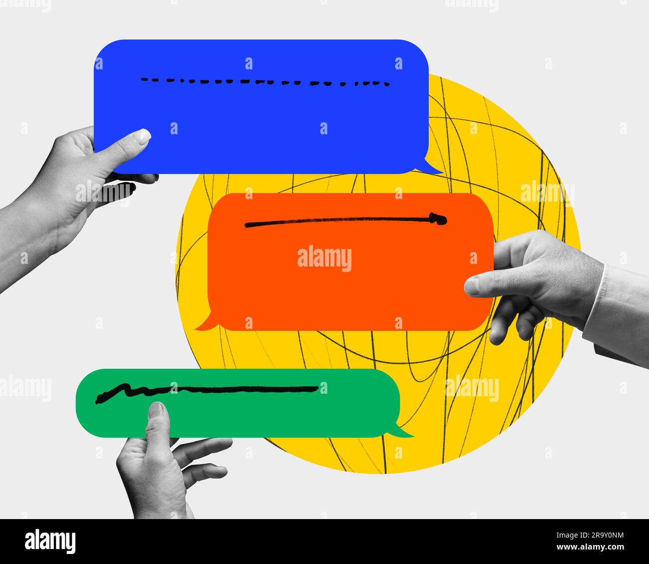 Huiman hands holding text messages icons with empty space for text ...