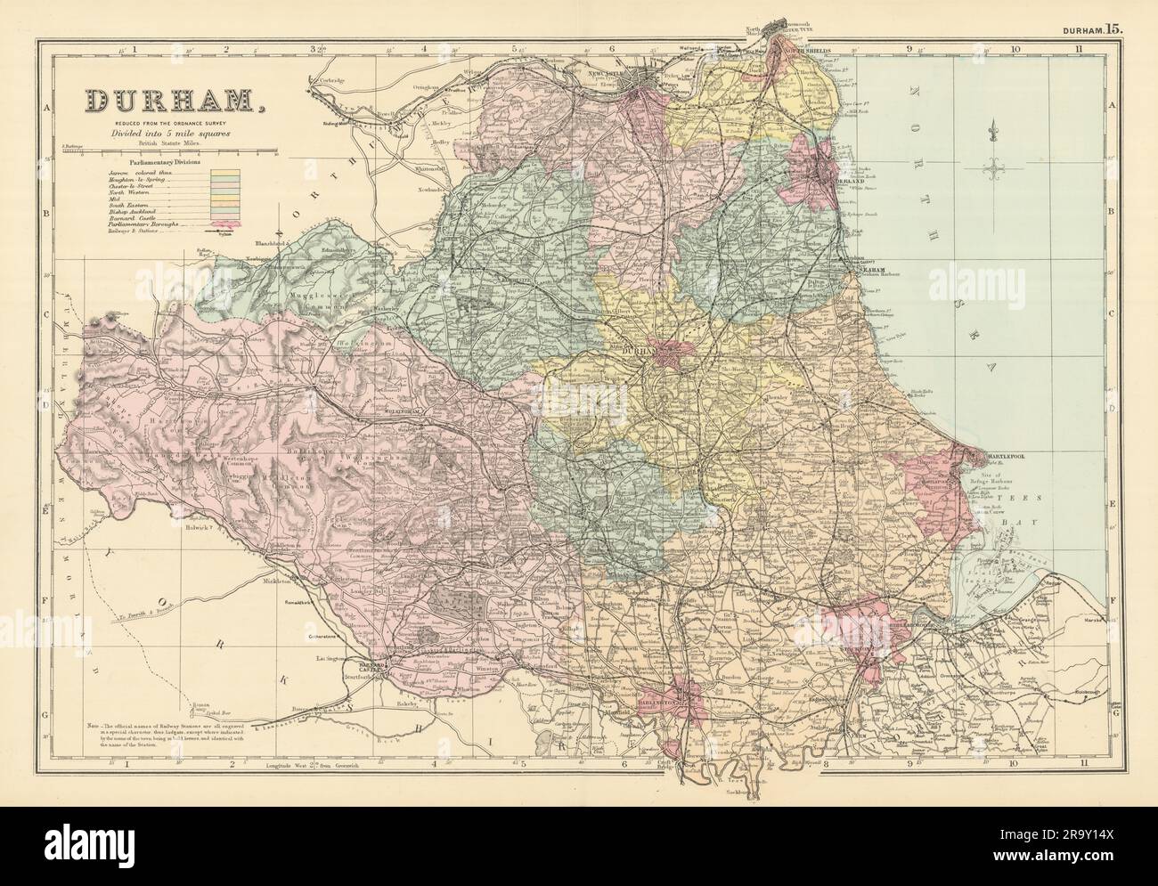 DURHAM antique county map by GW BACON 1891 old vintage plan chart Stock Photo - Alamy