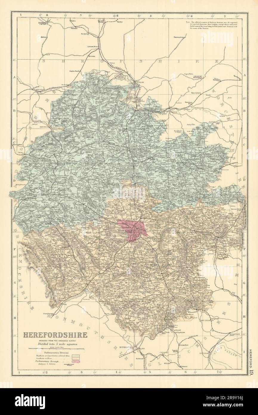 HEREFORDSHIRE antique county map by GW BACON 1891 old plan chart Stock ...