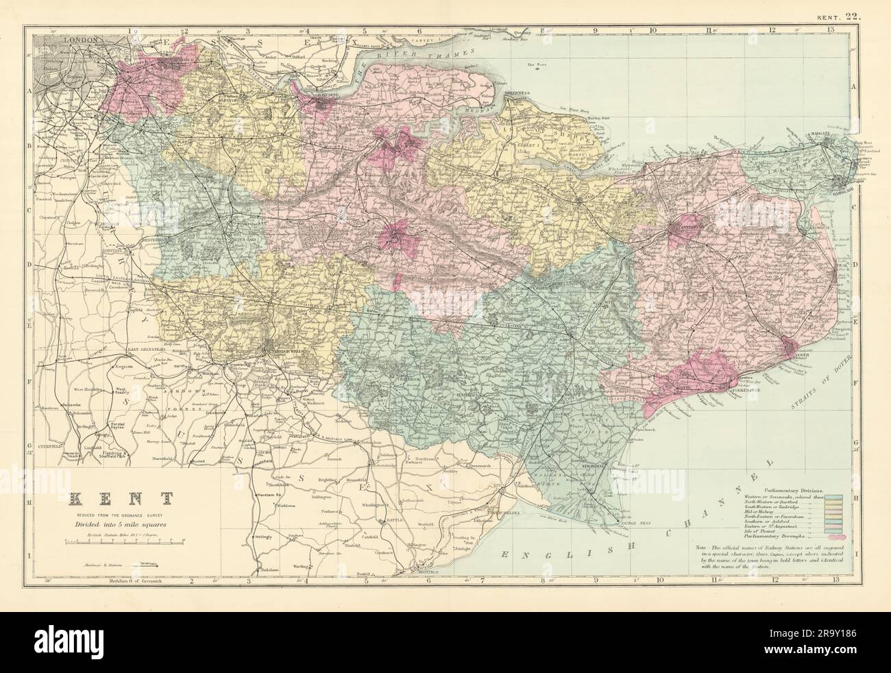 KENT antique county map by GW BACON 1891 old vintage plan chart Stock ...