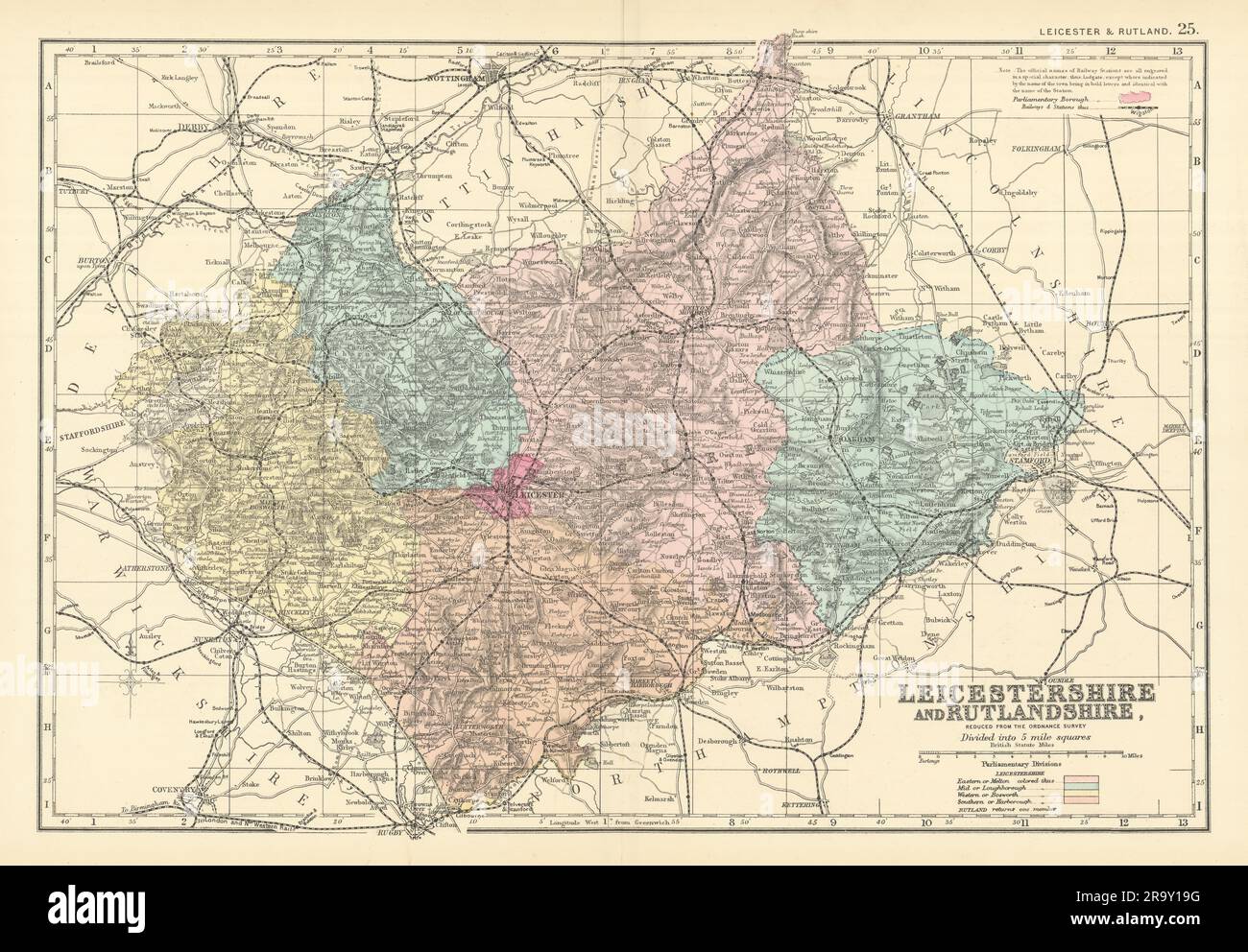 LEICESTERSHIRE & RUTLANDSHIRE antique county map by GW BACON 1891 old ...
