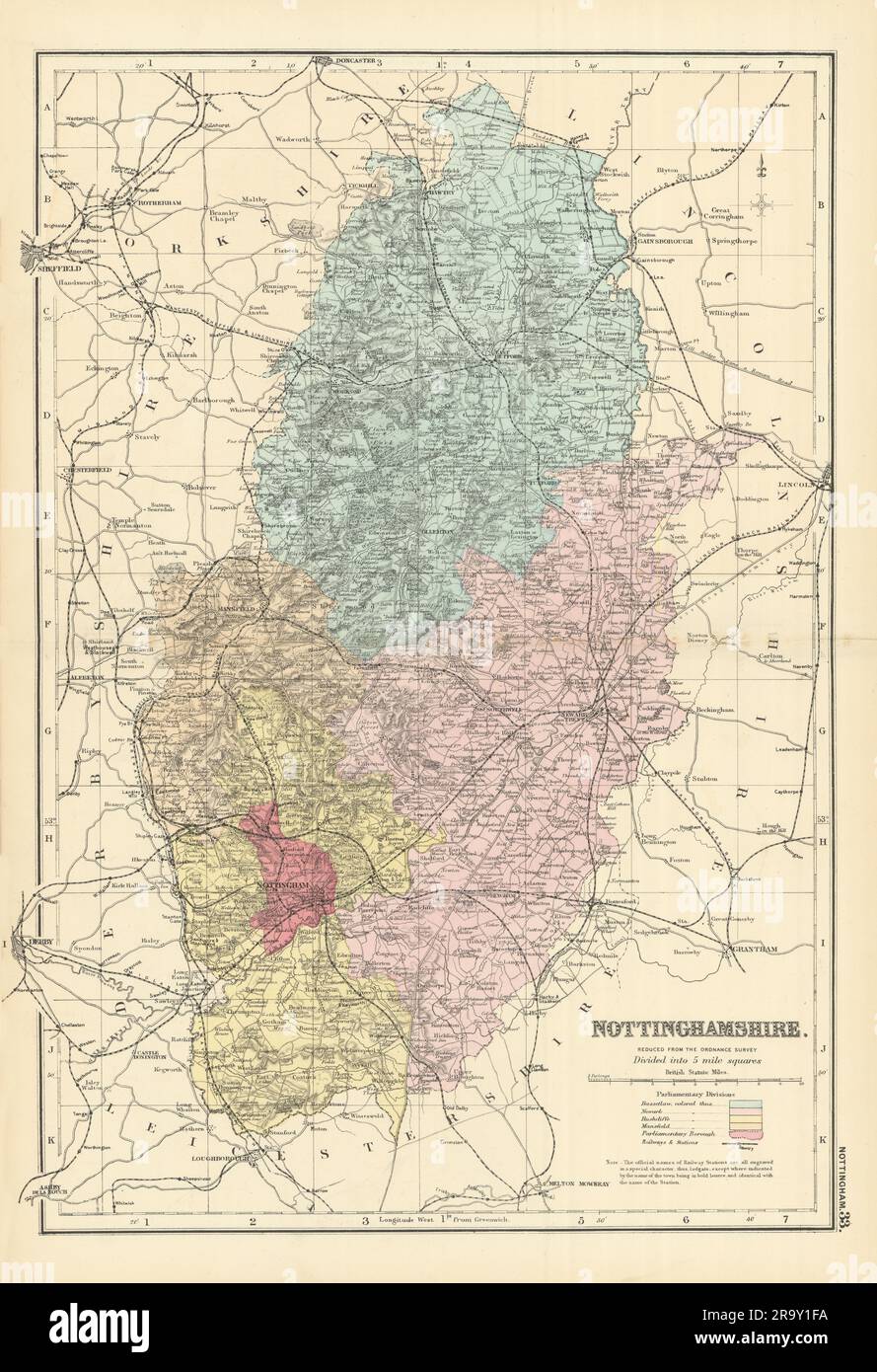 NOTTINGHAMSHIRE antique county map by GW BACON 1891 old plan chart ...