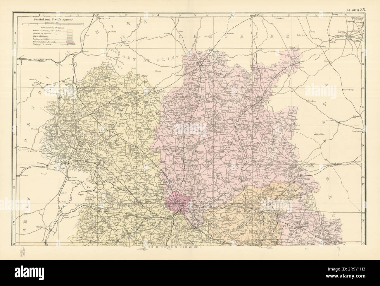 SHROPSHIRE (North) antique county map by GW BACON 1891 old chart Stock ...