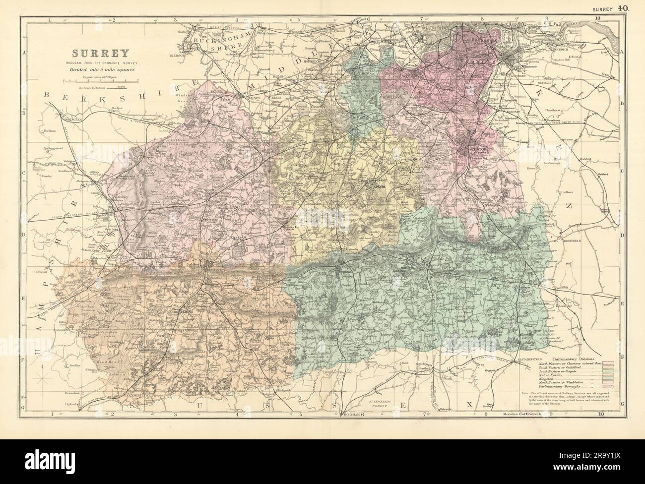 SURREY antique county map by GW BACON 1891 old vintage plan chart Stock ...