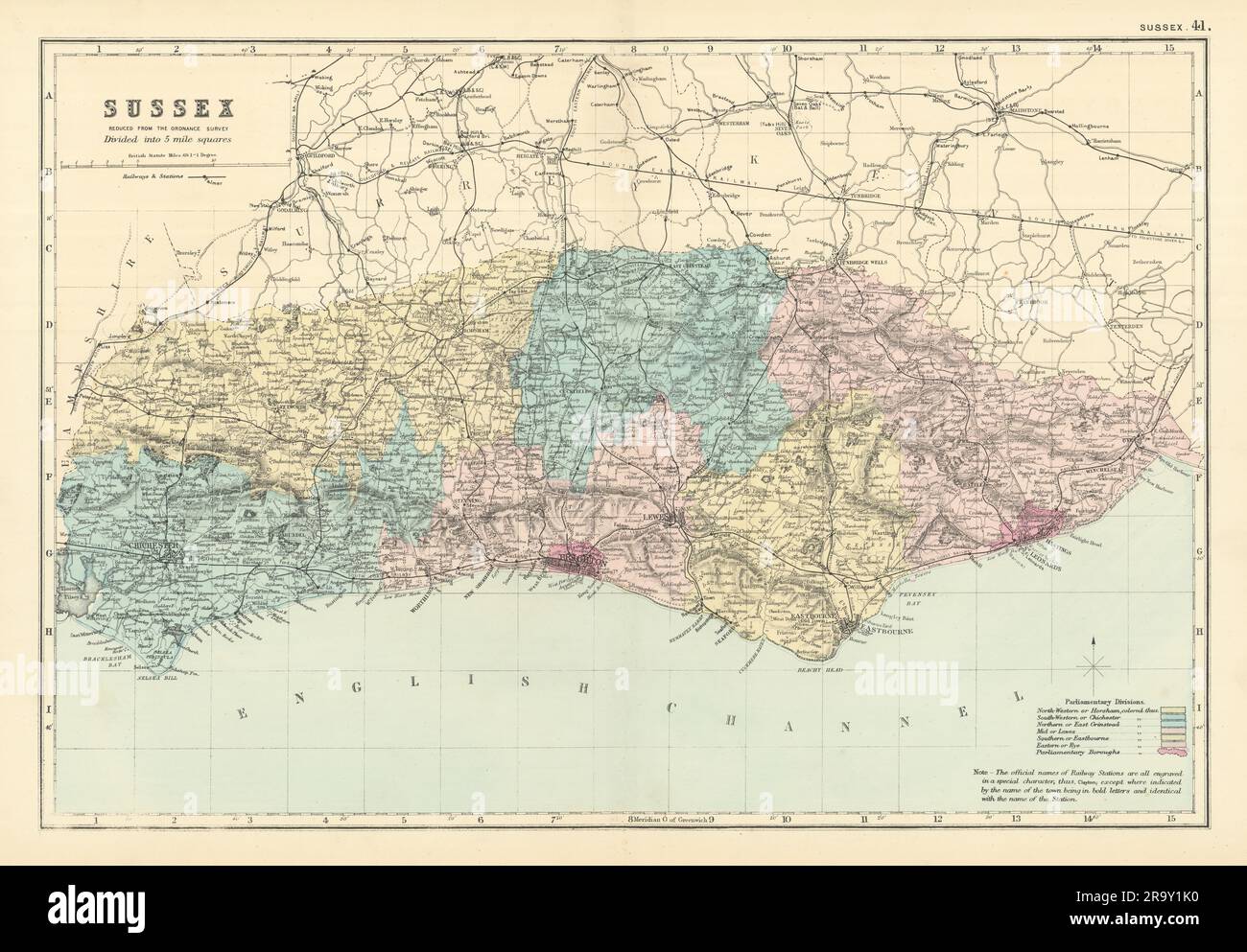 SUSSEX antique county map by GW BACON 1891 old vintage plan chart Stock ...