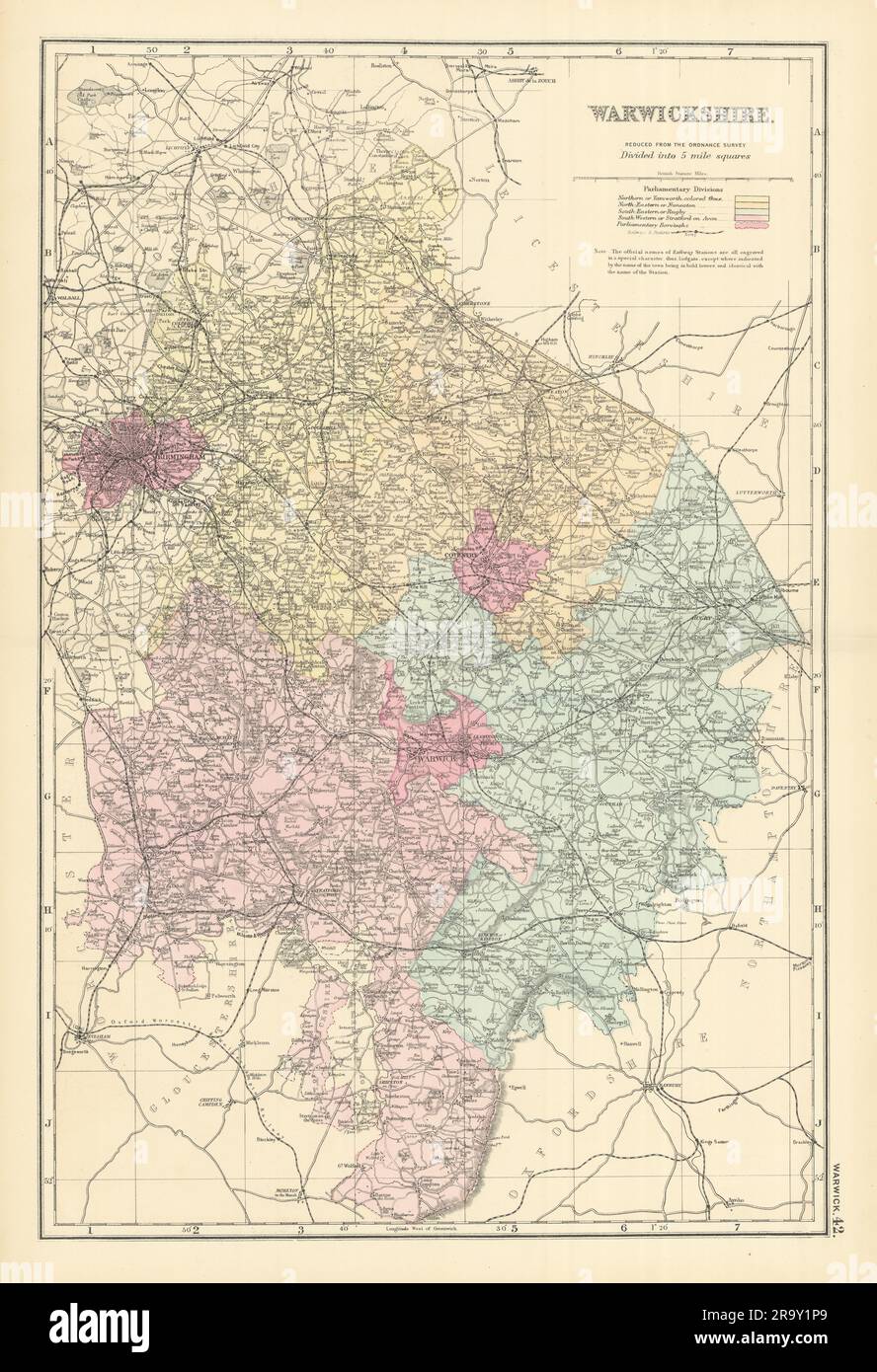 WARWICKSHIRE antique county map by GW BACON 1891 old plan chart Stock ...
