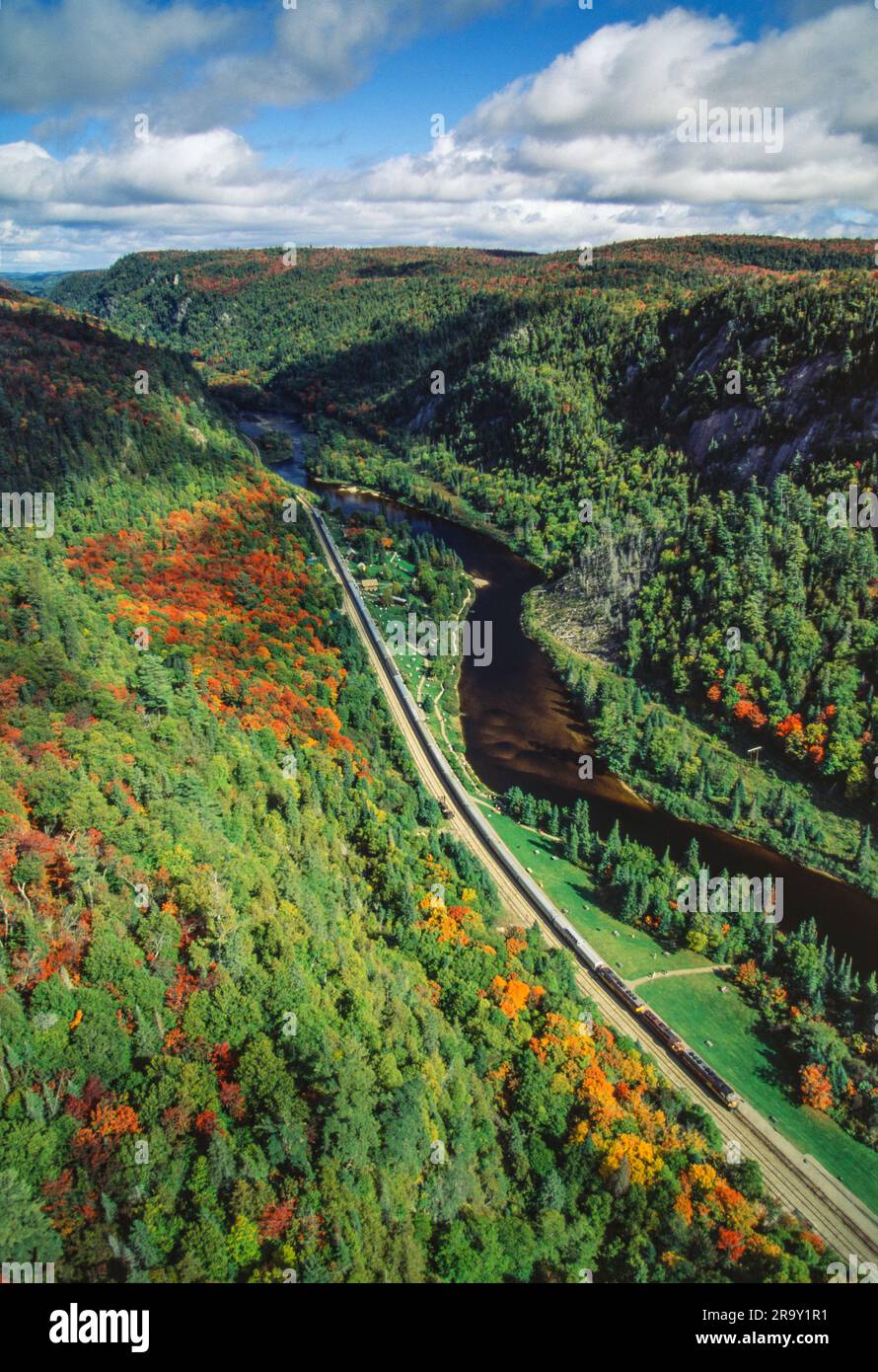 Aerial image of train and rail line Agawa Canyon, Ontario, Canada Stock ...