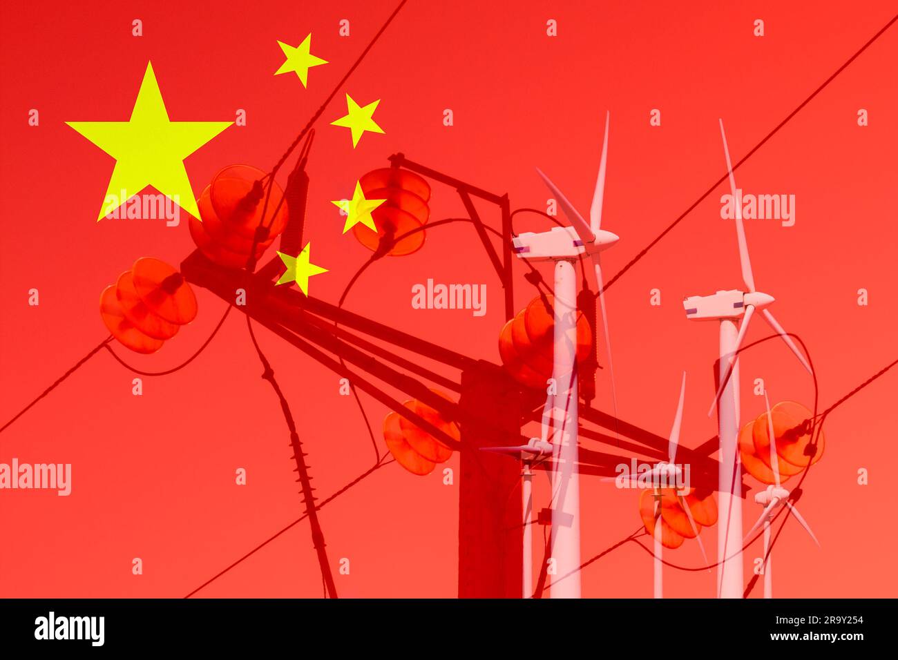 Flag of China with wind turbines and power lines. Renewable, clean ...