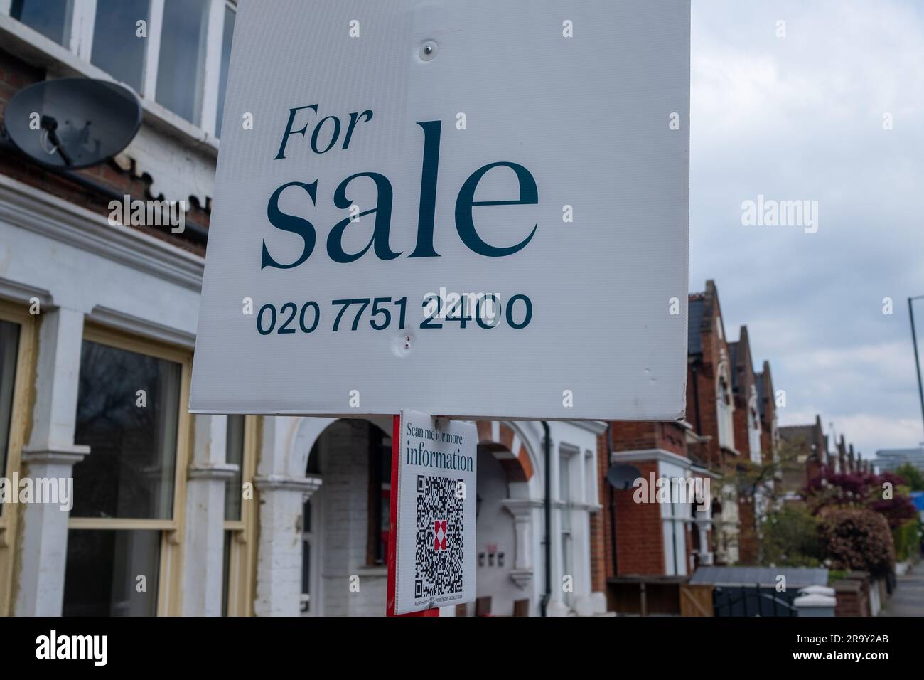 LONDON- APRIL, 2023: Estate agent sign- For Sale- on Fulham Palace Road ...