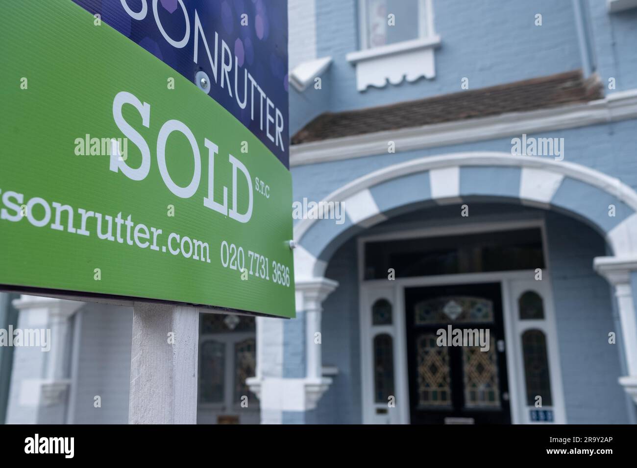 LONDON- APRIL, 2023: Estate agent sign- SOLD- on Fulham Palace Road in ...