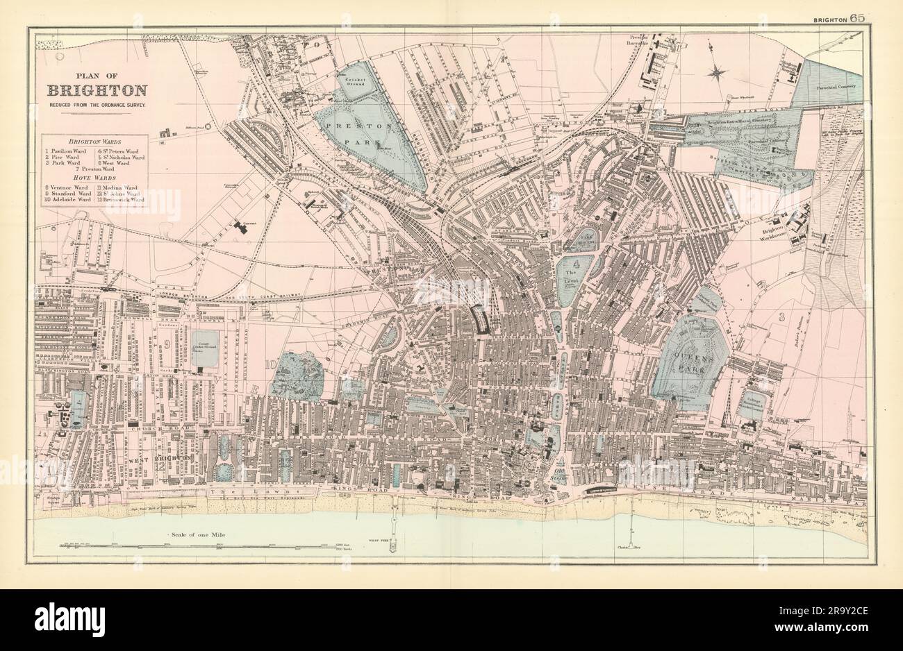 BRIGHTON & HOVE antique town city plan by GW BACON Sussex 1891 old map ...