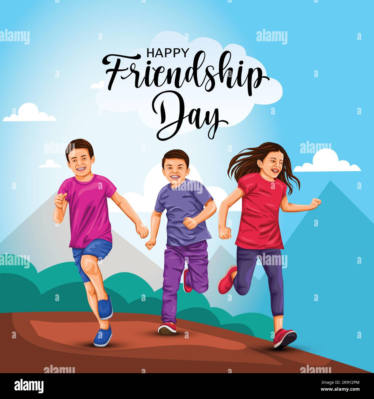 happy children's day group of kids running nature background. abstract ...