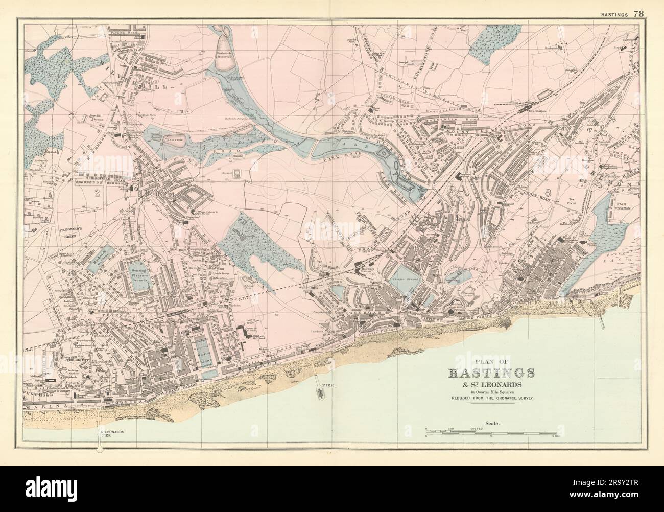 HASTINGS & St Leonards town city plan by GW BACON 1891 old antique map ...