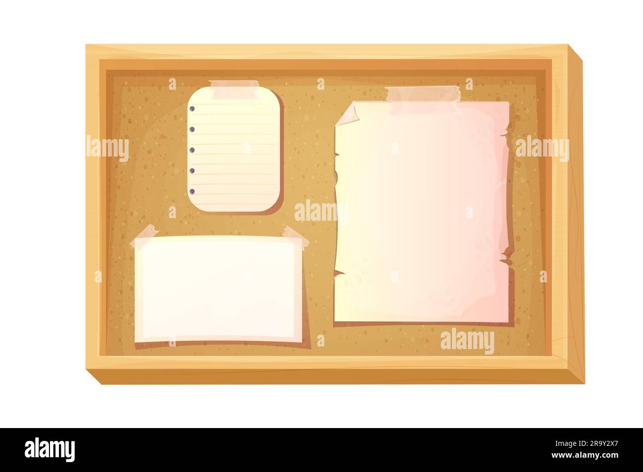 Cork board in wooden frame with empty paper pieces in cartoon style ...