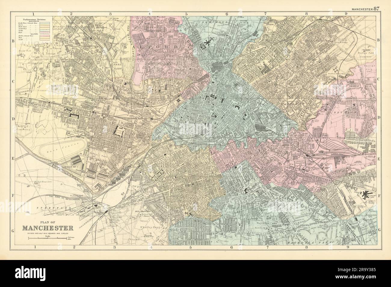 MANCHESTER Salford Trafford antique town city plan GW BACON 1891 old ...