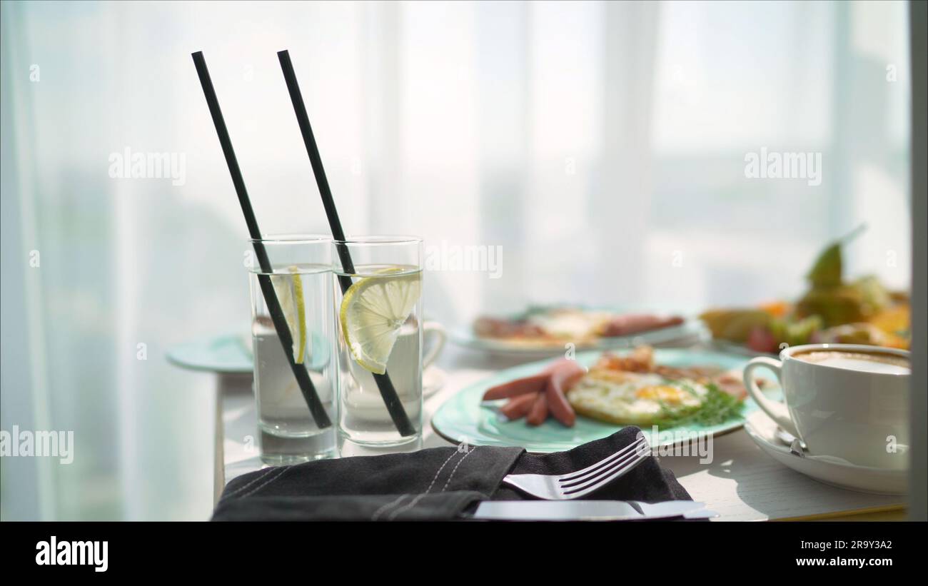 Breakfast in bed, cozy hotel room. concept. breakfast in the hotel room ...