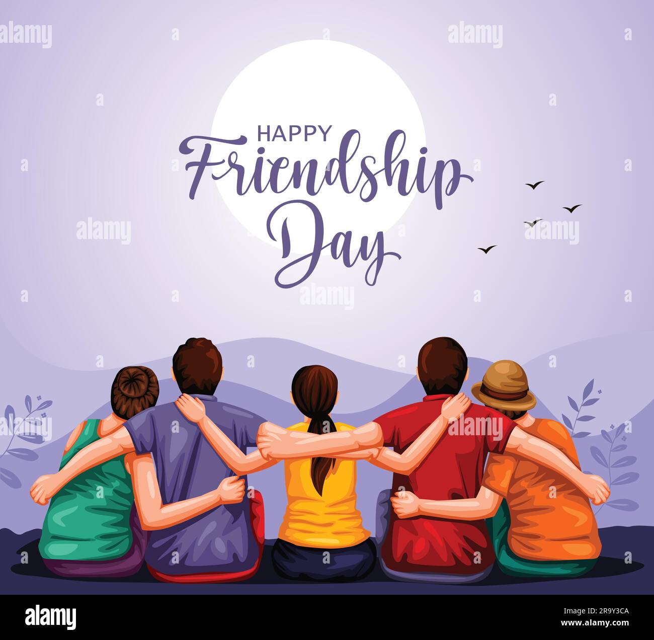 Happy international friendship day greeting card, back view of friends ...