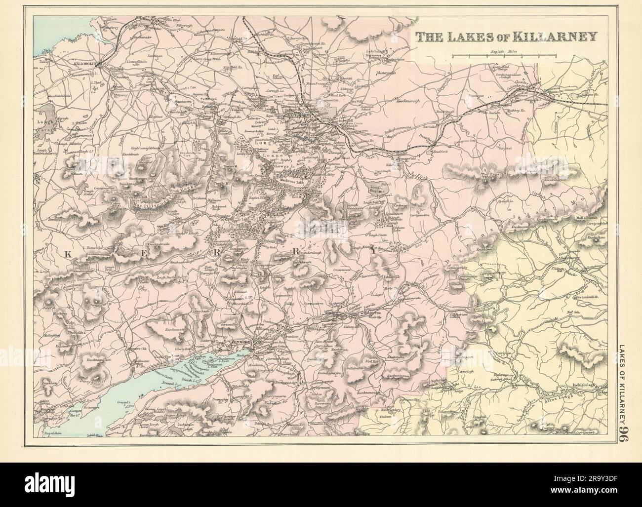 KILLARNEY LAKES Kerry Kenmare Ireland antique map by GW BACON 1891 old ...