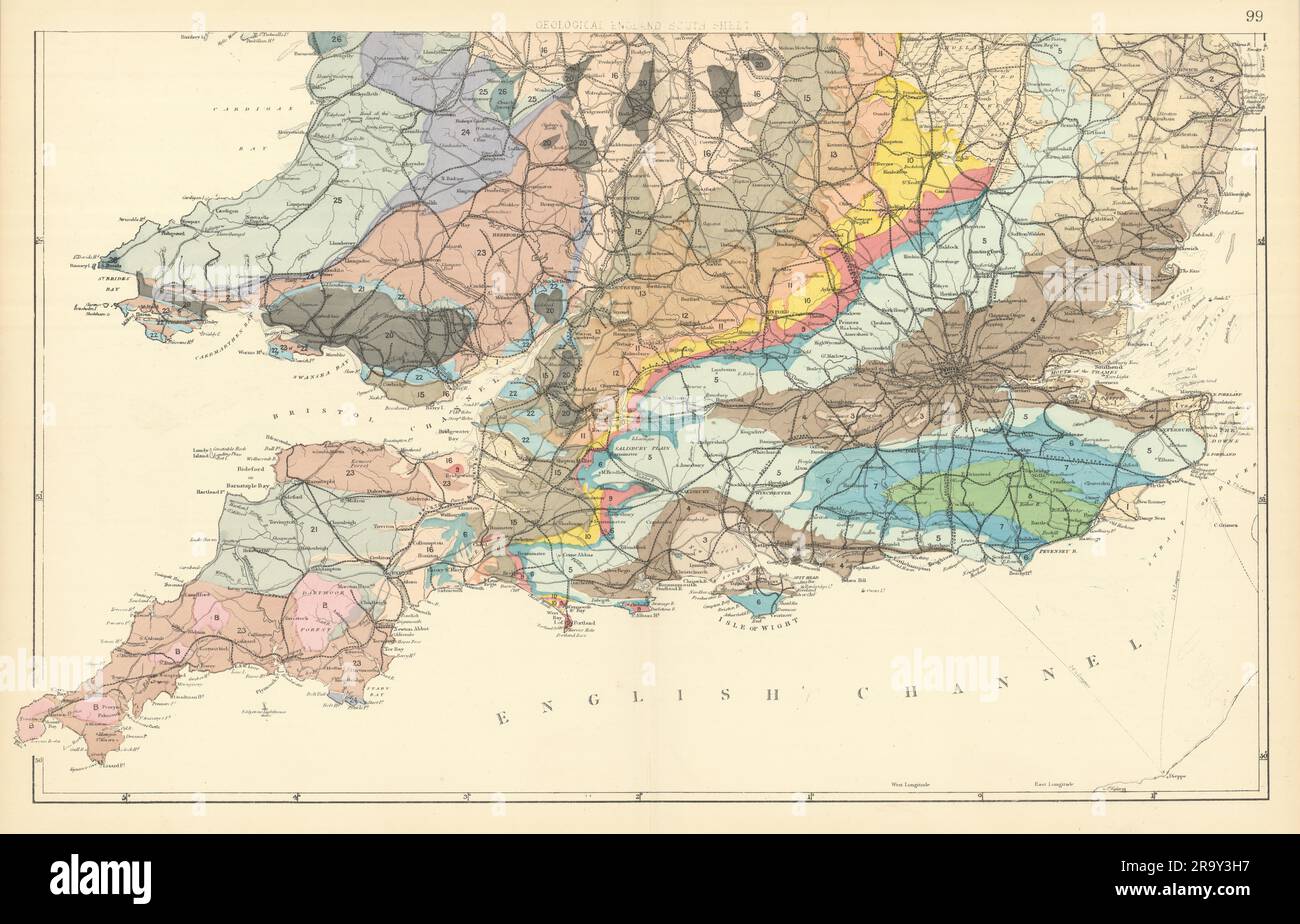 GEOLOGICAL ENGLAND & WALES (South sheet) antique map by GW BACON 1891 ...