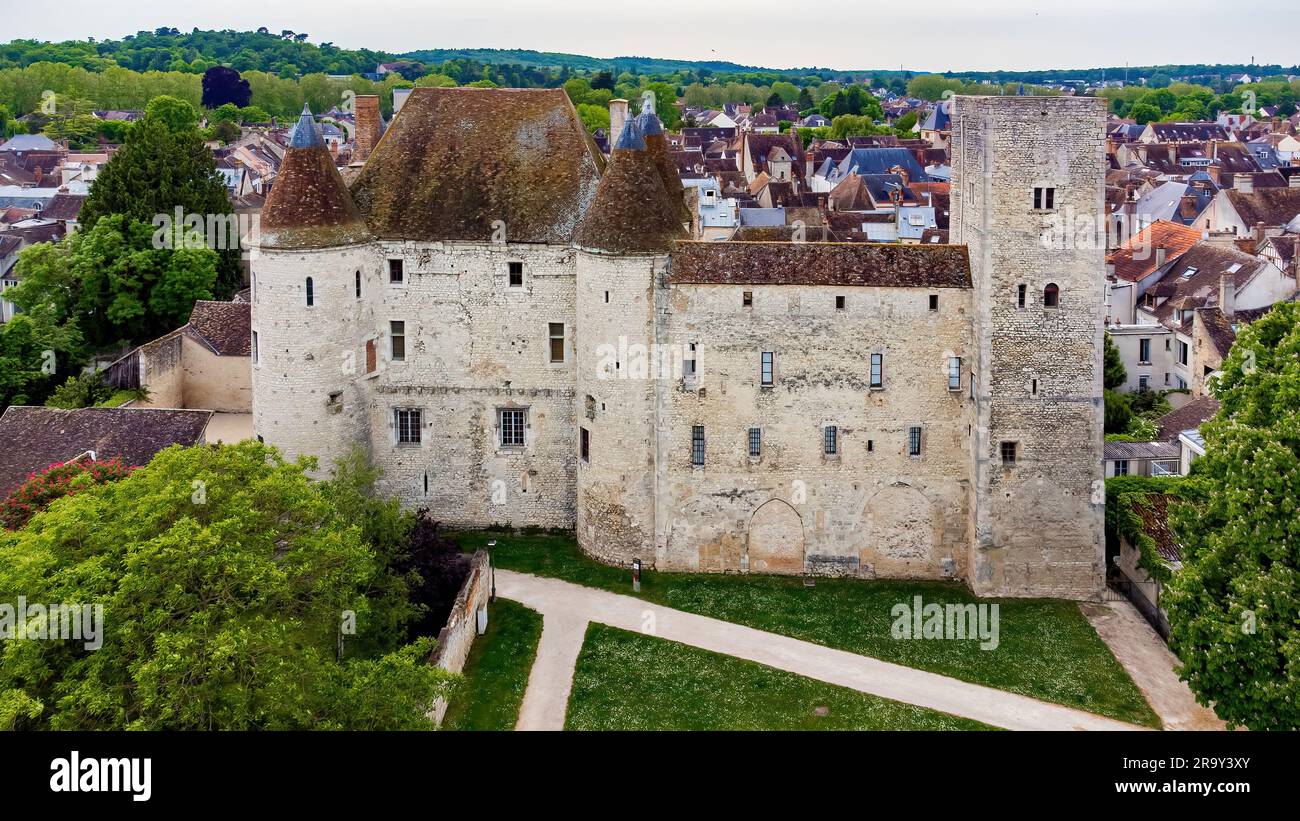 Aerial view of the medieval castle of Nemours in the town of the same ...