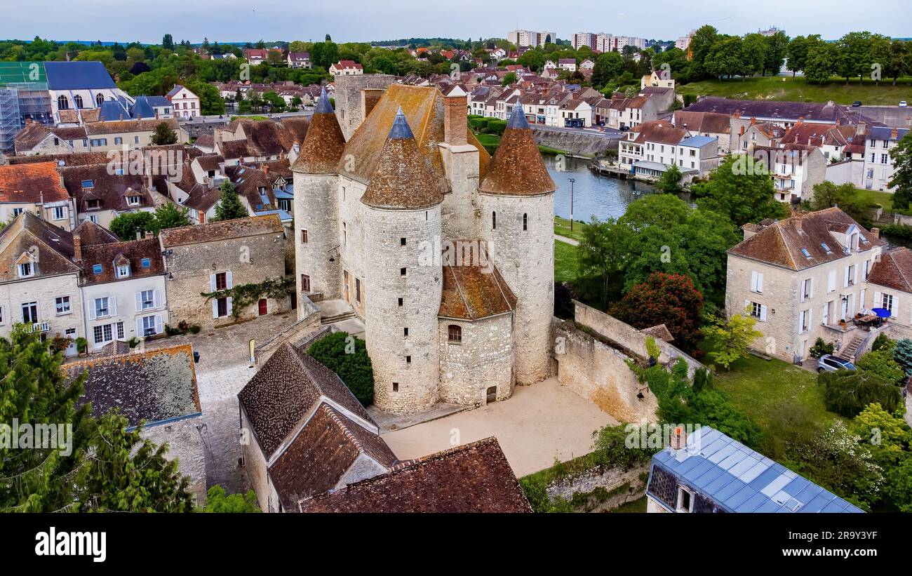 Aerial view of the medieval castle of Nemours in the town of the same ...