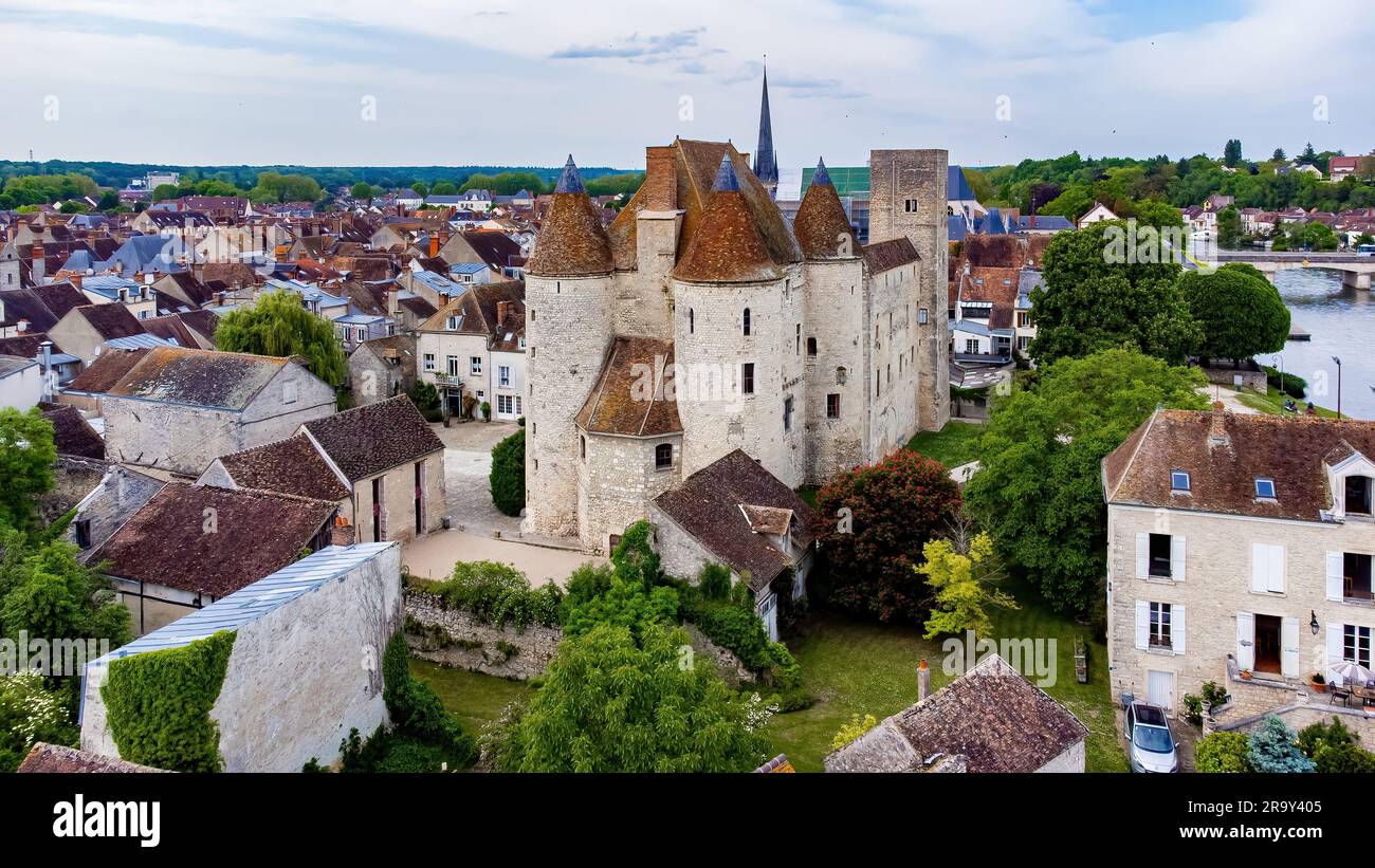 Aerial view of the medieval castle of Nemours in the town of the same ...