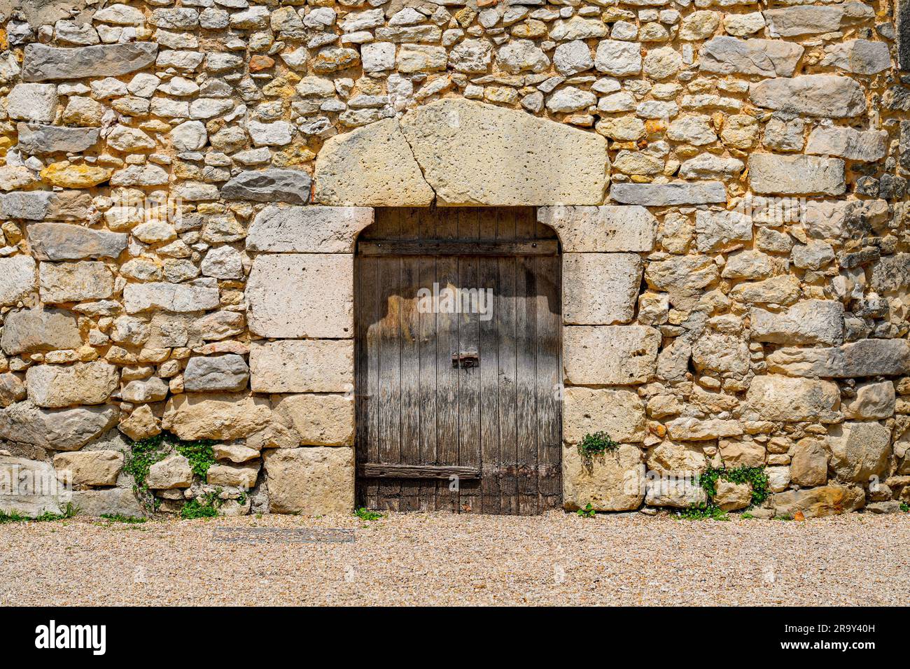 Wooden door on the wall of the medieval castle of Nemours in the town ...