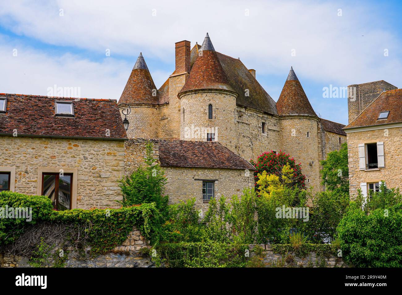 Round towers of the medieval castle of Nemours in the town of the same ...