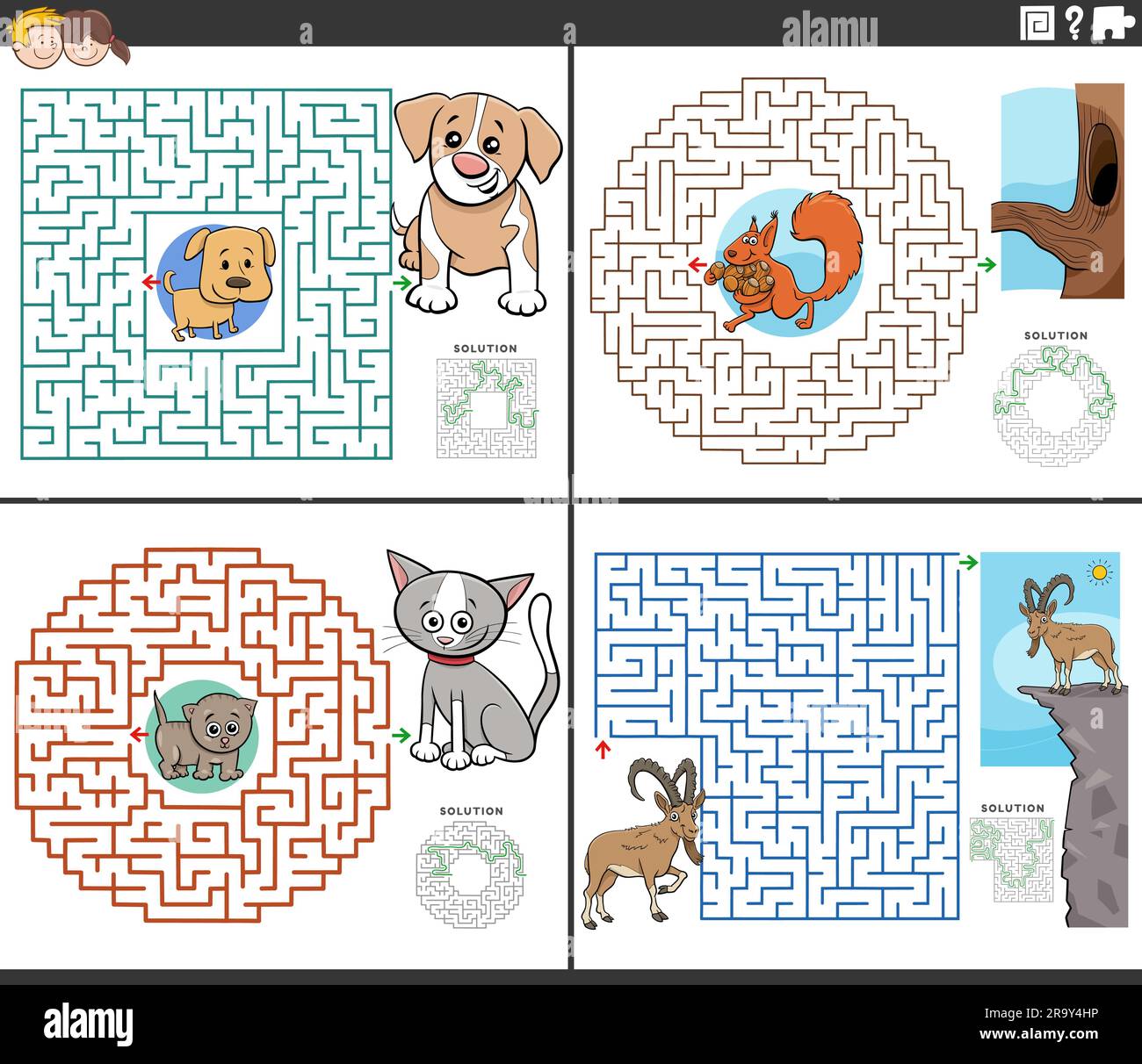 Cartoon illustration of educational maze puzzle activities set with ...