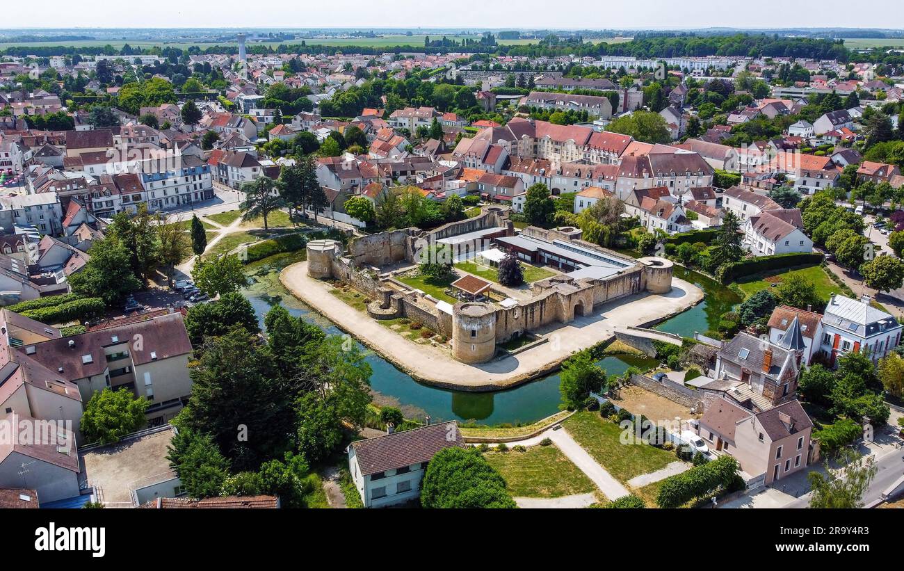 Aerial view of the square-based medieval castle of Brie Comte Robert ...