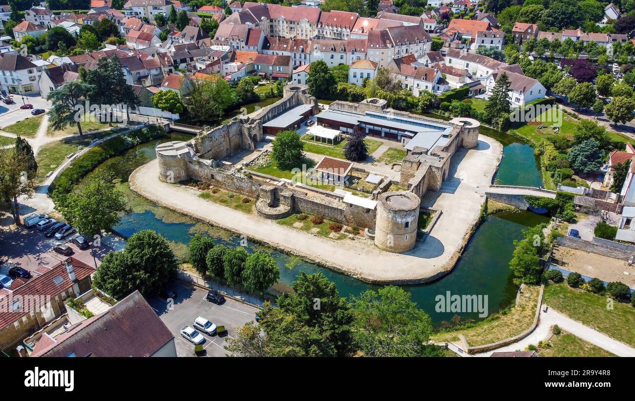 Aerial view of the square-based medieval castle of Brie Comte Robert ...