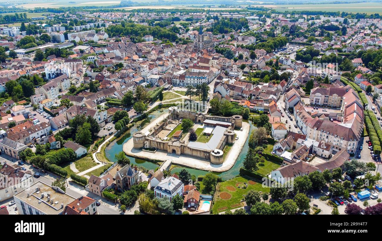 Aerial view of the square-based medieval castle of Brie Comte Robert ...