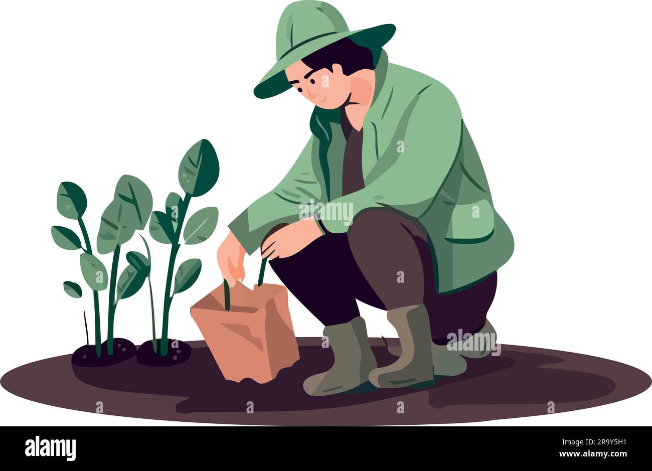 One person sitting outdoors planting green growth Stock Vector Image ...