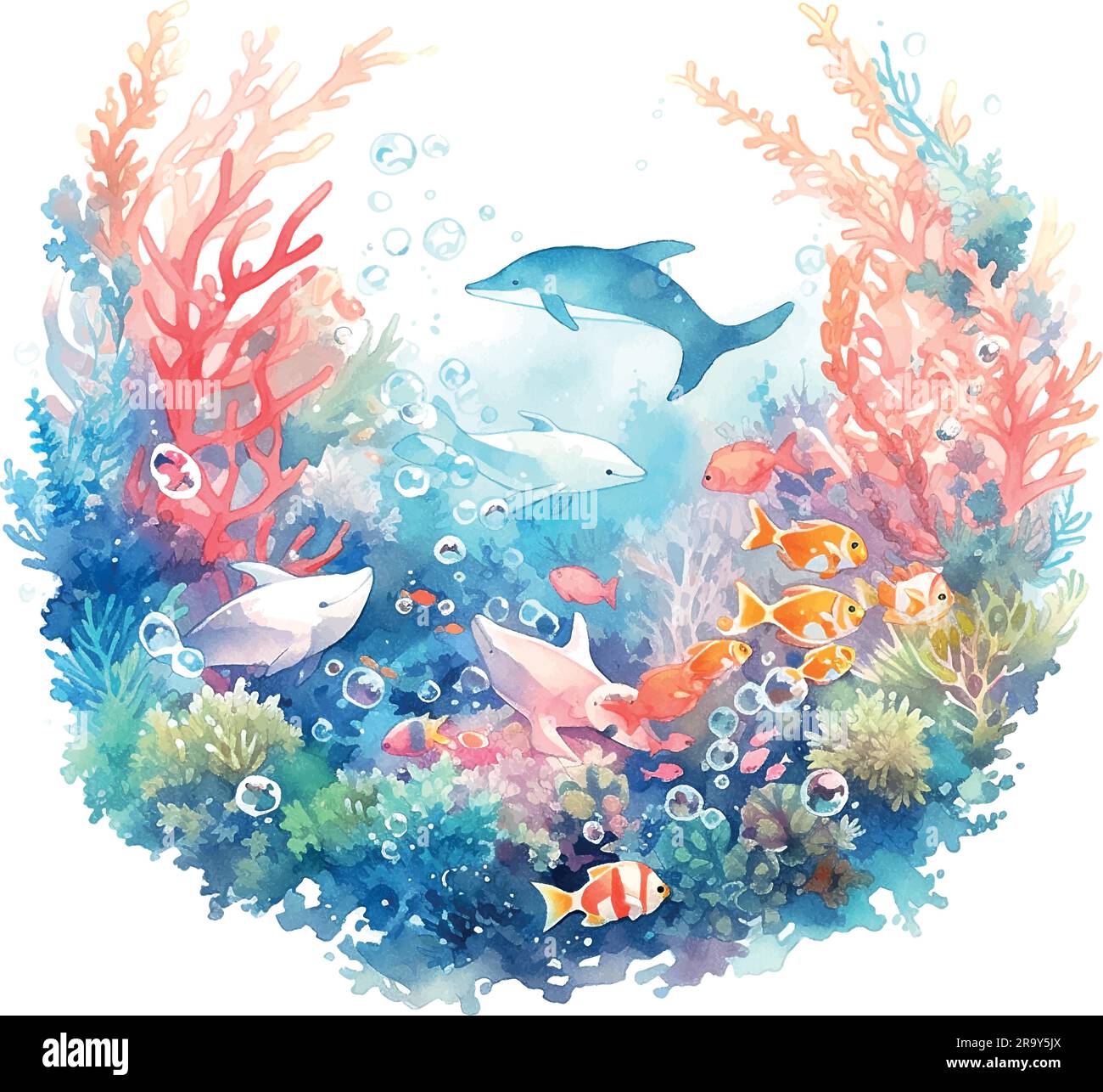 Beautiful colorful underwater world watercolor deep white background ...