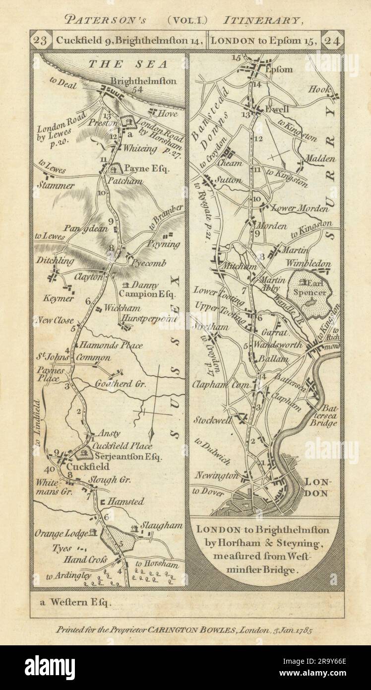 Cuckfield-Brighton. London-Stockwell-Epsom road strip map PATERSON 1785 ...