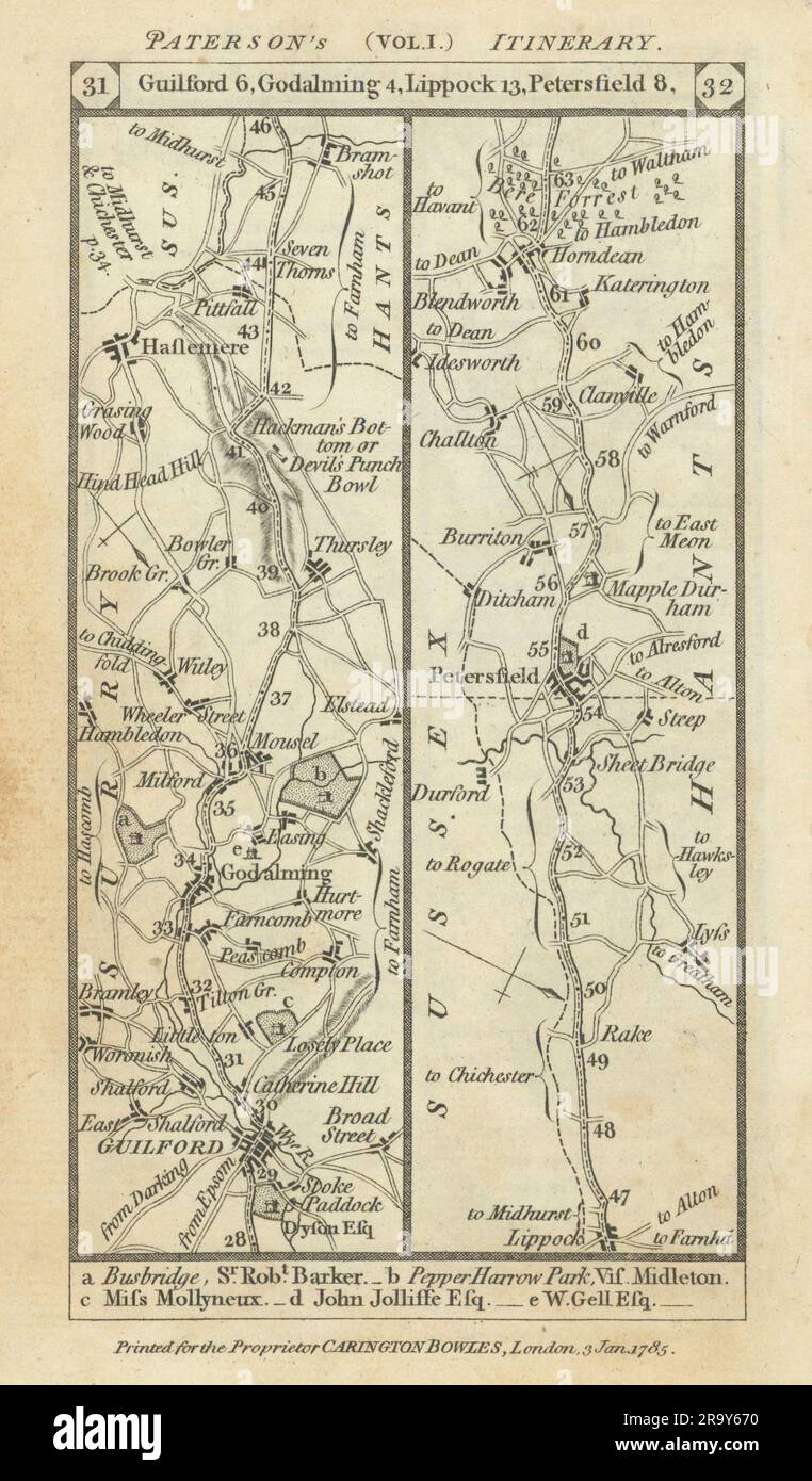 Guildford-Godalming-Haslemere-Petersfield road strip map PATERSON 1785 ...