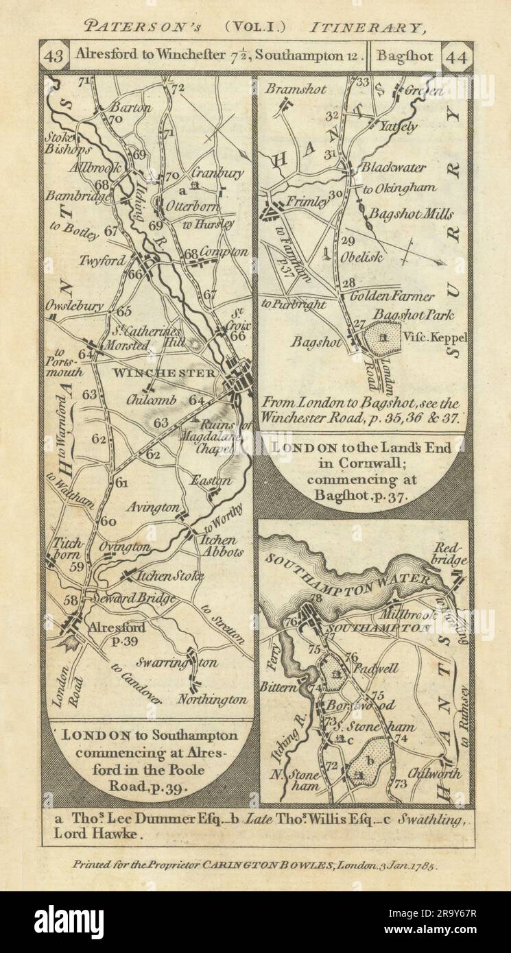 Winchester-Southampton. Bagshot-Yateley road strip map PATERSON 1785 ...