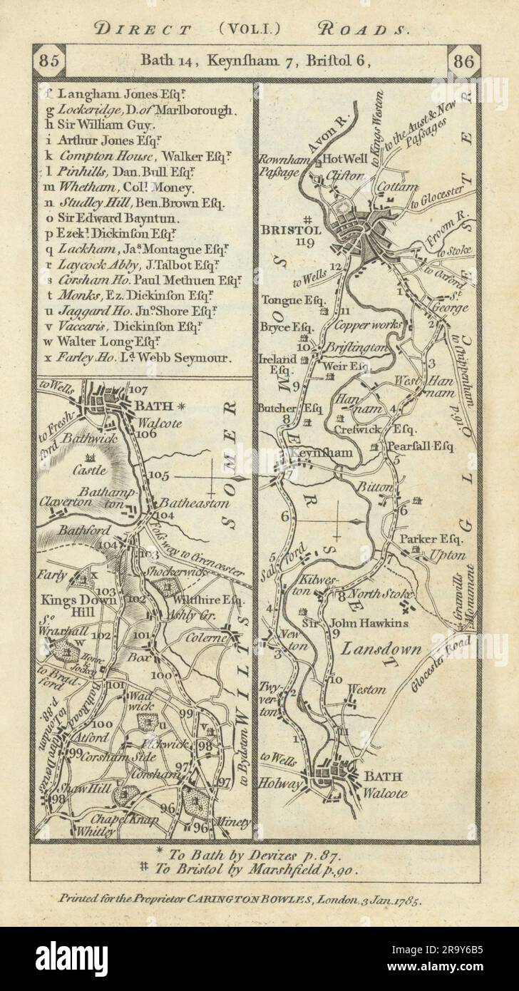 Corsham - Bath - Bristol road strip map PATERSON 1785 old antique chart ...