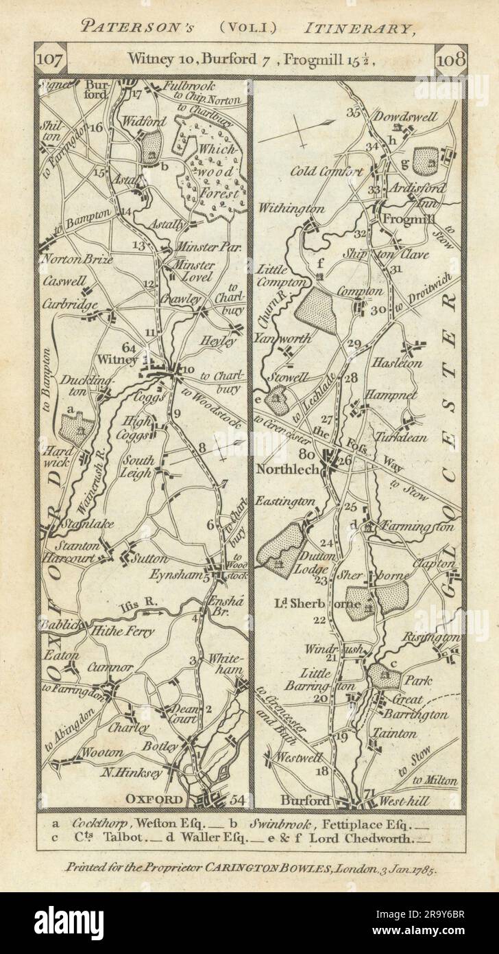 Oxford-Witney-Burford-Northleach-Frogmill road strip map PATERSON 1785 ...