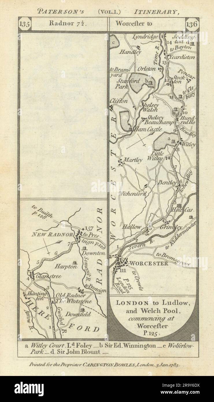 New Radnor. Worcester - Martley - Shelsley road strip map PATERSON 1785 ...