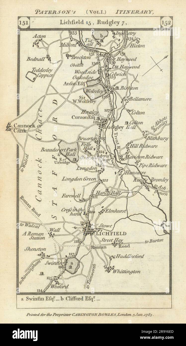 Lichfield - Cannock - Rugeley - Haywood road strip map PATERSON 1785 ...