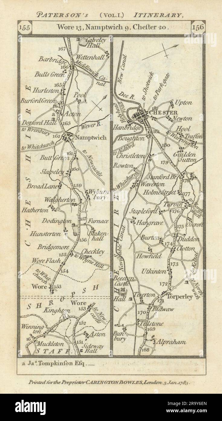 Nantwich - Tarporley - Chester road strip map PATERSON 1785 old antique ...