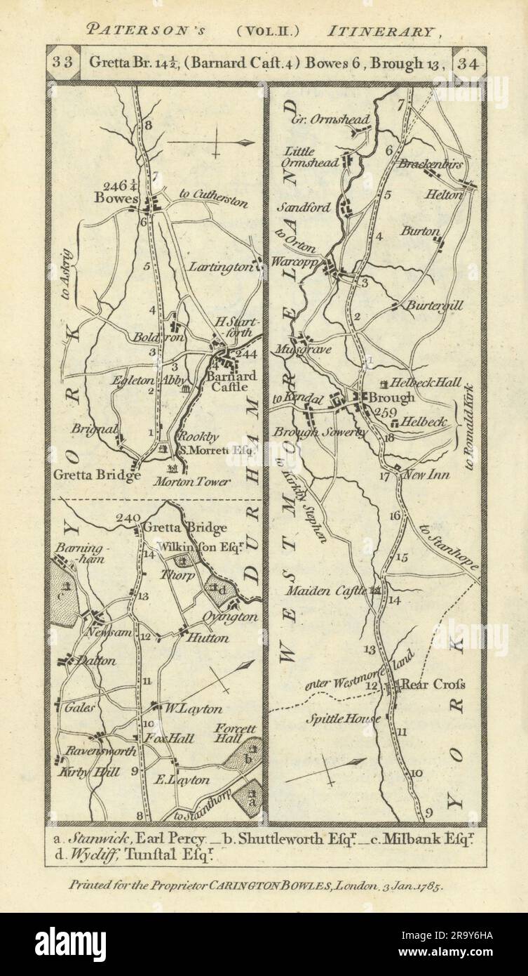 Greta Bridge-Barnard Castle-Bowes-Warcop road strip map PATERSON 1785 ...