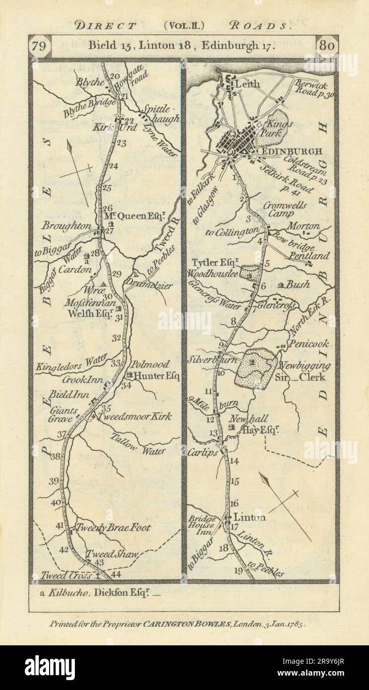 Linton - Edinburgh road strip map PATERSON 1785 old antique plan chart ...