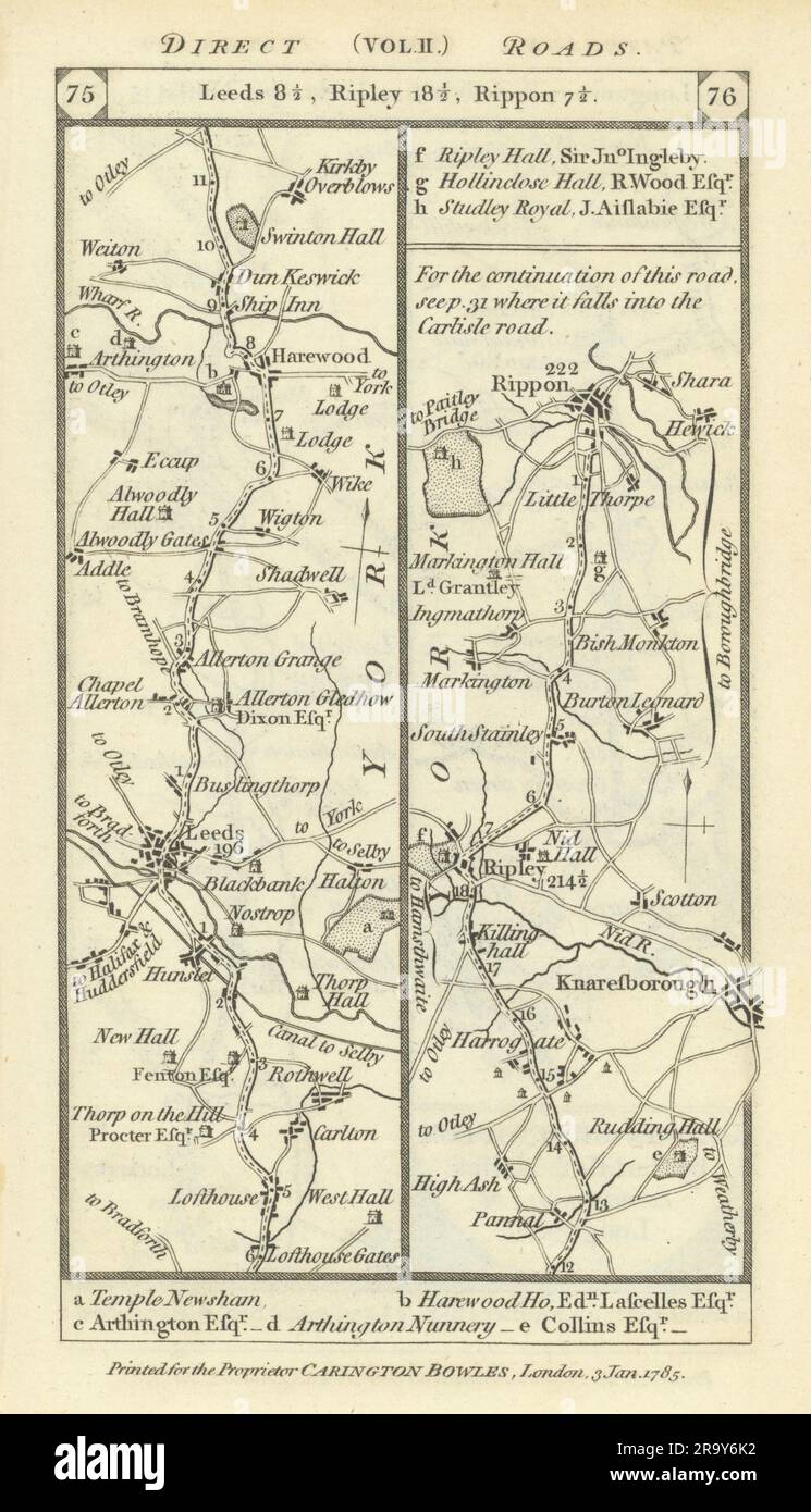 Leeds-Harewood-Knaresborough-Ripley-Ripon road strip map PATERSON 1785 ...