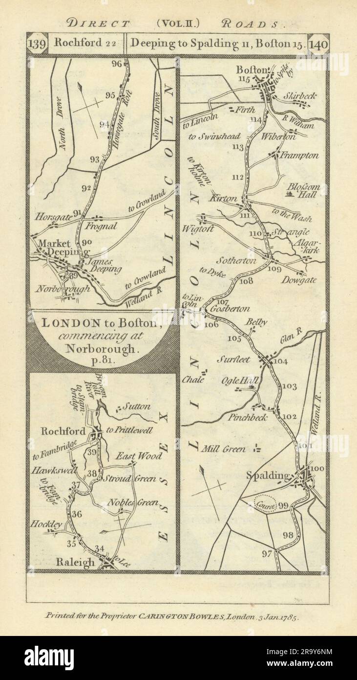 Rayleigh-Rochford. Market Deeping-Boston road strip map PATERSON 1785 ...