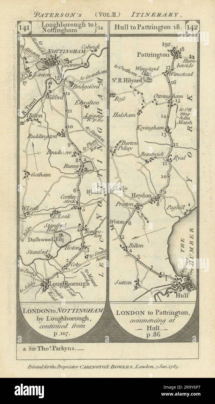 Loughborough-Nottingham. Hull-Patrington road strip map PATERSON 1785 ...