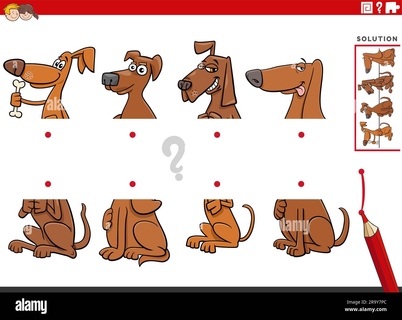 Cartoon illustration of educational task of matching halves of pictures ...